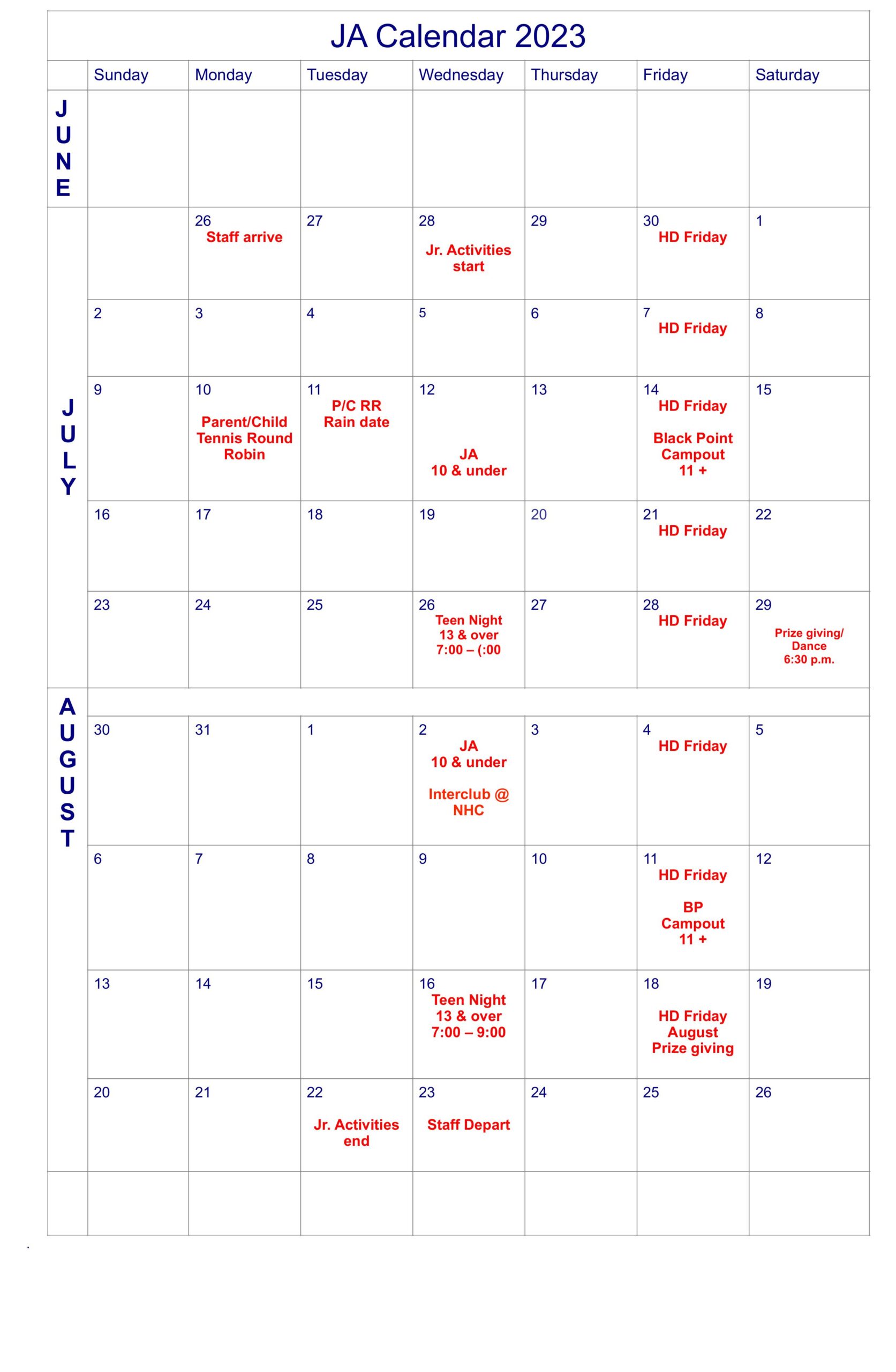 JA Calendar & Events – North Hatley Club, Inc.